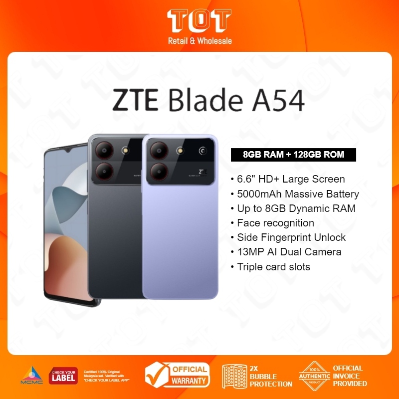 ZTE Blade A54 LTE (4+4GB+128GB) 6.6" HD+ I Octa-core 1.6GHz I 13MP AI ...