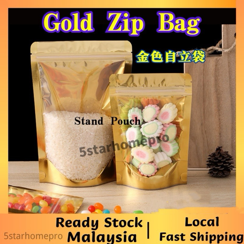 50pcs Gold Zipper Stand Up Aluminium Foil Packaging Zip Bag Plastik ...