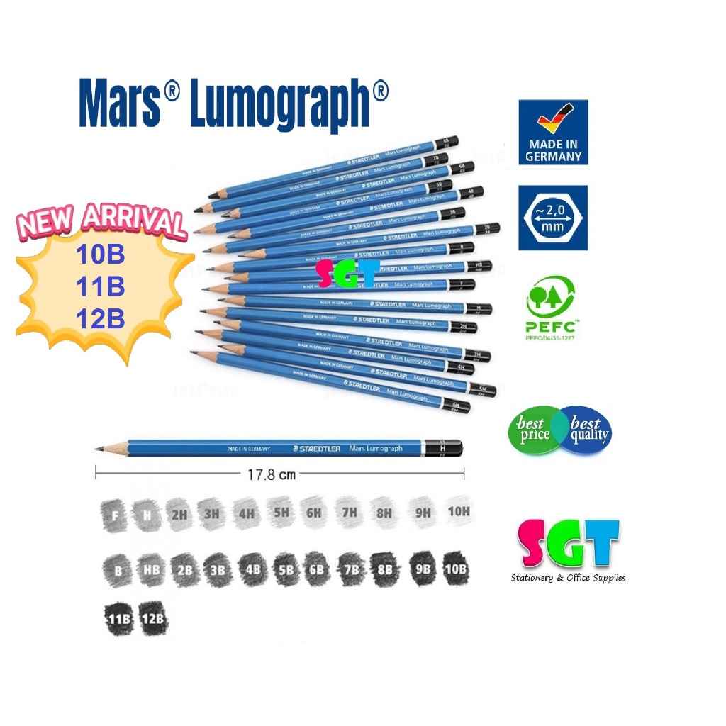 STAEDTLER Mars Lumograph Pencils (12B / 11B / 10B / 9B/ 8B/ 7B/ 6B/ 5B/ 4B/ 3B/ 2B/ HB/ B/ H ...