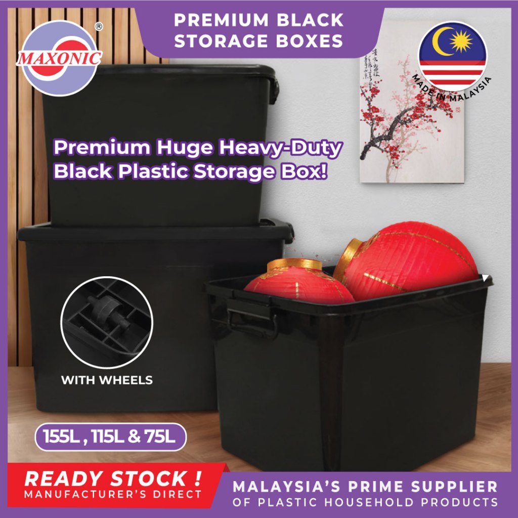 MAXONIC 155L/110L/75L BLACK PLASTIC STORAGE BOX | KOTAK SIMPANAN PLASTIK DENGAN RODA | KOTAK ...