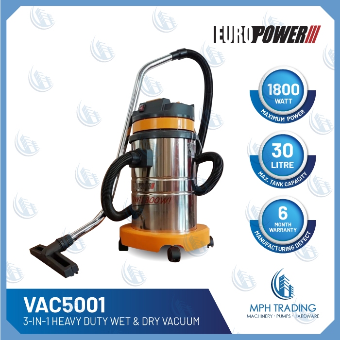 Europower Vac5001 Heavy Duty Industrial Wet Dry Vacuum Cleaner 30litres