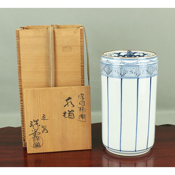 Sometsuke (Blue and White pottery) Okegawa Mizusashi Container 祥堂 Shodo ...