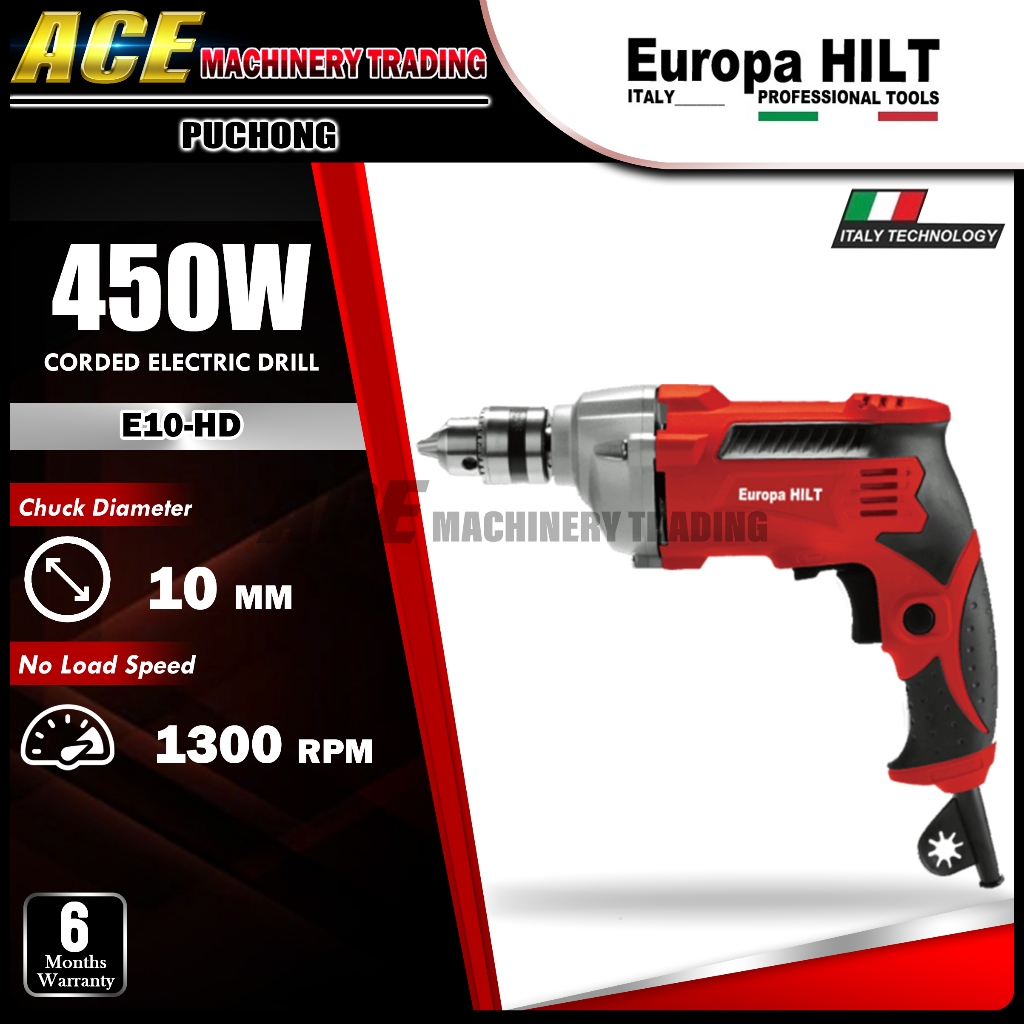 [ EUROPA HILT ] (E10-HD) 2000W Corded Electric Drill 500W/10MM/1300RPM (High Torque) | Shopee ...