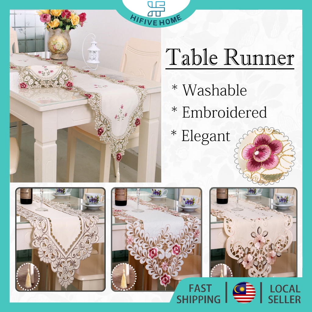 Table Runner Flower Embroidered Washable Lace Cloths Stain Resistant ...