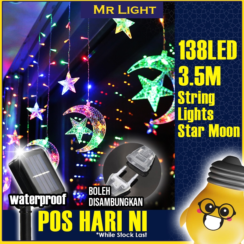 𝐖𝐀𝐓𝐄𝐑𝐏𝐑𝐎𝐎𝐅 Lampu Raya Solar Bulan Bintang LED Moon Star Light Curtain ...
