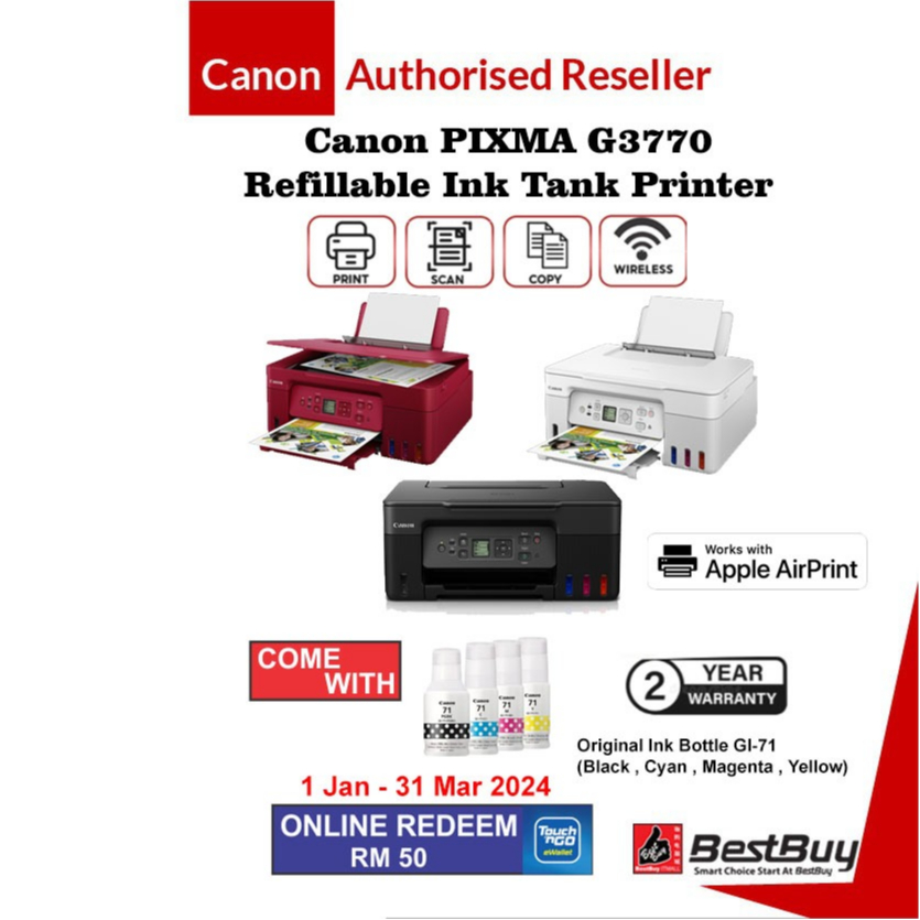 (Free TNG eWallet RM50) Canon Pixma G3770 All In One Ink Tank Wifi ...