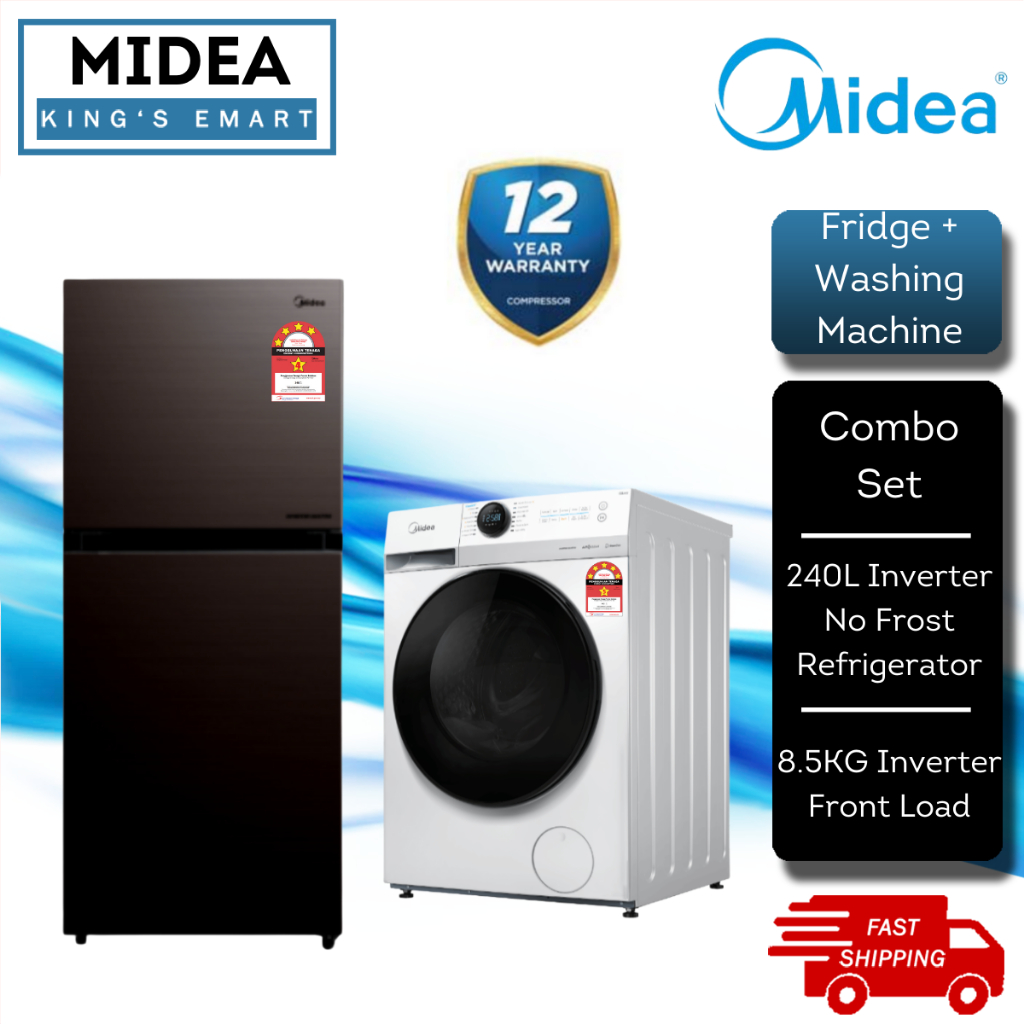 [COMBO SET] Midea 2 Door Inverter Refrigerator (240L) MDRT307MTB28 & Front Load Inverter Washer ...