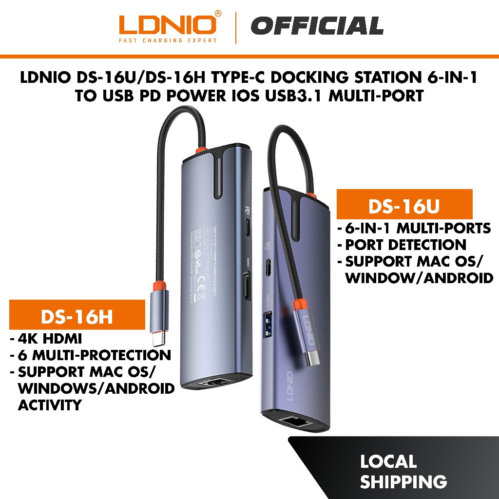 LDNIO DS-16U / DS-16H Type-c Docking Station 6 in 1 To USB PD Power IOS ...