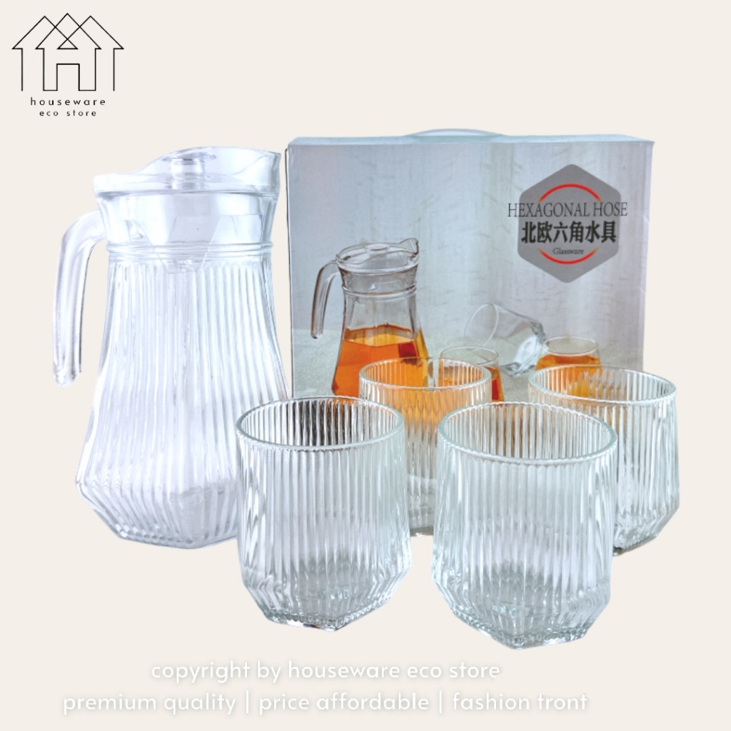5pcs Glass Jug with Cup Set / Diamond Jug Air Kaca set / Glass Teapot ...