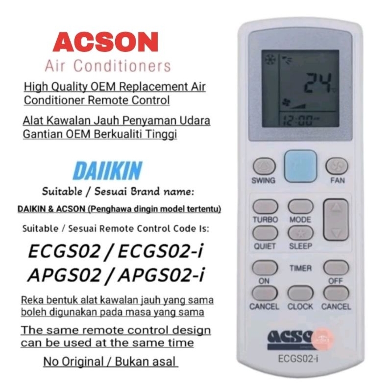 Daikin Acson Air Cond Air Conditioner Replacement Remote Control APGS02 ...