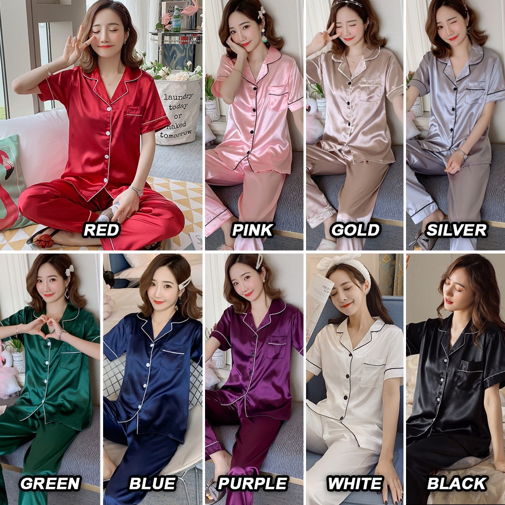 McJoden - CRYSTAL Silk Satin Pajamas Set Unisex Short Sleeve Women ...