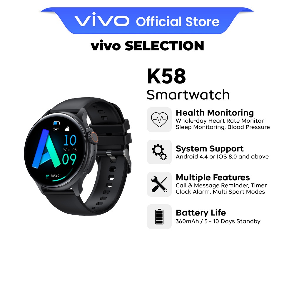 vivo Selection K58 Smartwatch | Bluetooth Calling & Music | Whole-day heart rate monitor | Sleep ...