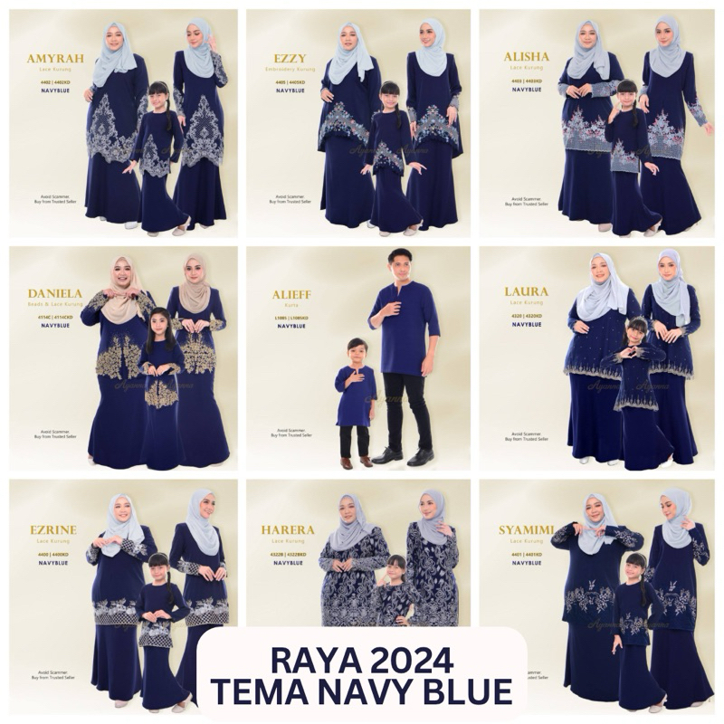 Set Family Tema Biru Navy Blue. Baju Raya 2024. Baju Raya Plussize ...