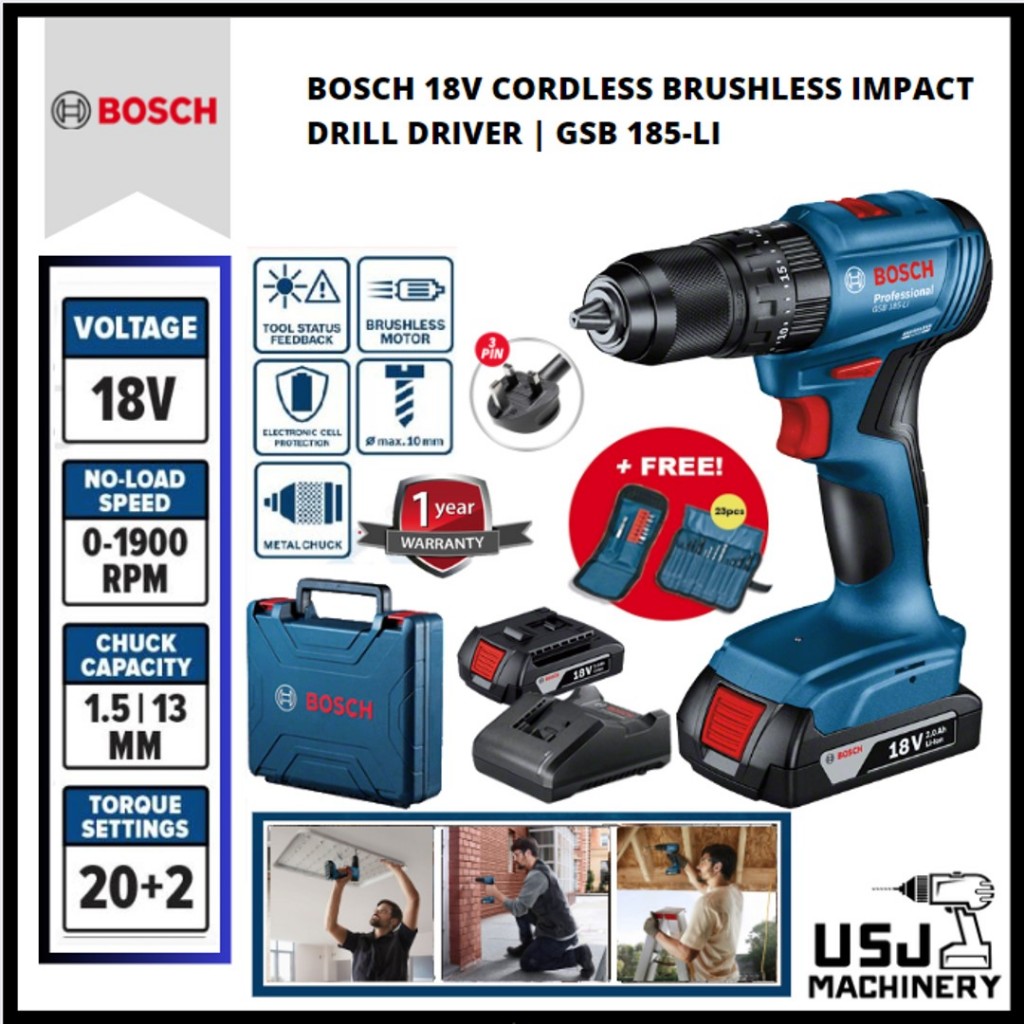 BOSCH 18V Cordless Brushless Impact Drill GSB 185-LI C/W 2Pcs Battery ...