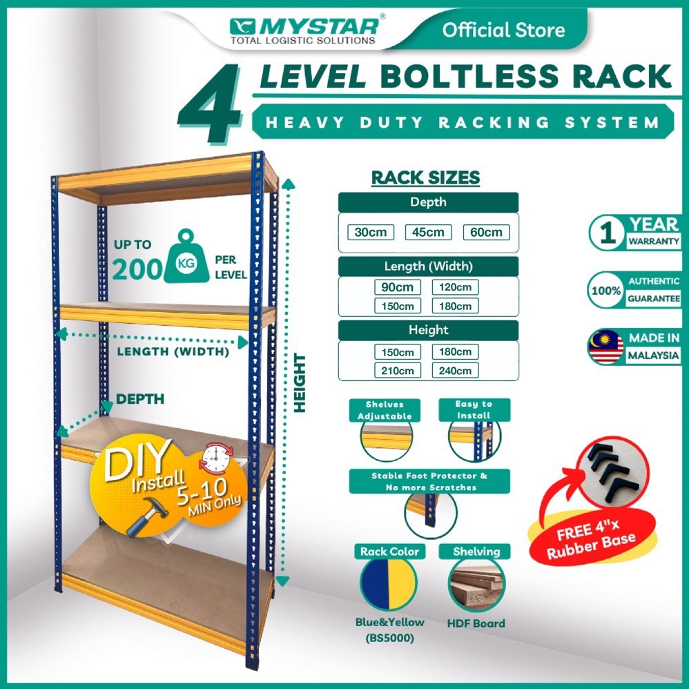 MYSTAR Boltless Rack Medium Duty Series 4 Level 200KG BLUE YELLOW ...