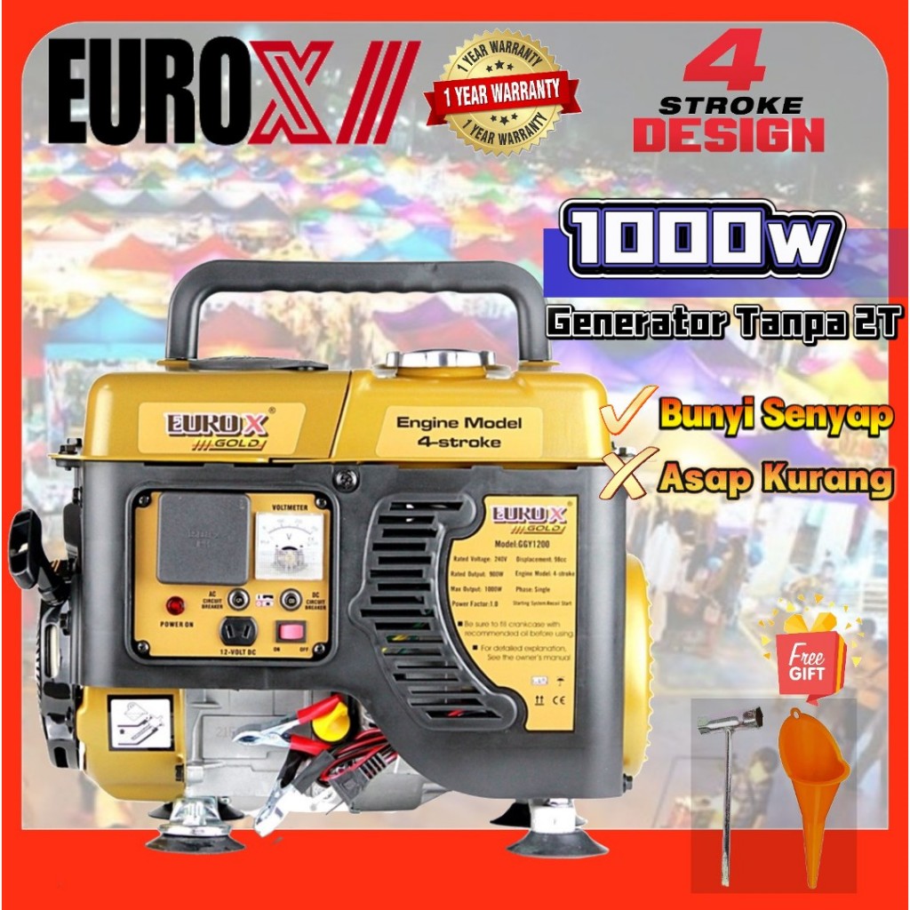 EUROX/// GOLD GGY1200 1000w 4-Stroke Gasoline Power Generator Mesin Genset Tanpa 2T | Shopee ...
