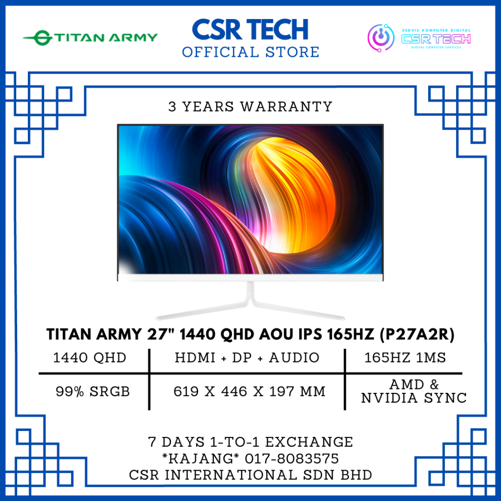 [CSR TECH] TITAN ARMY 27A2R 27" 165HZ AOU IPS 1440 QHD 99% SRGB GAMING ...