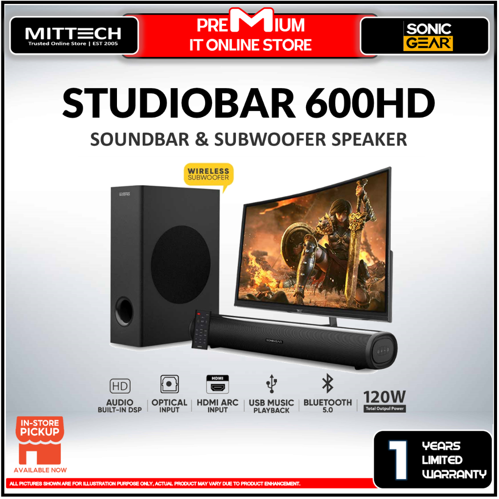 SonicGear StudioBar 600HD Bluetooth 5.0 TV Sound Bar Speaker | HDMI ARC ...