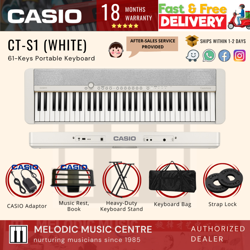 Casio CT-S1 61 Keys CASIOTONE Keyboard WHITE Touch Sensitive PACKAGE 4 ...