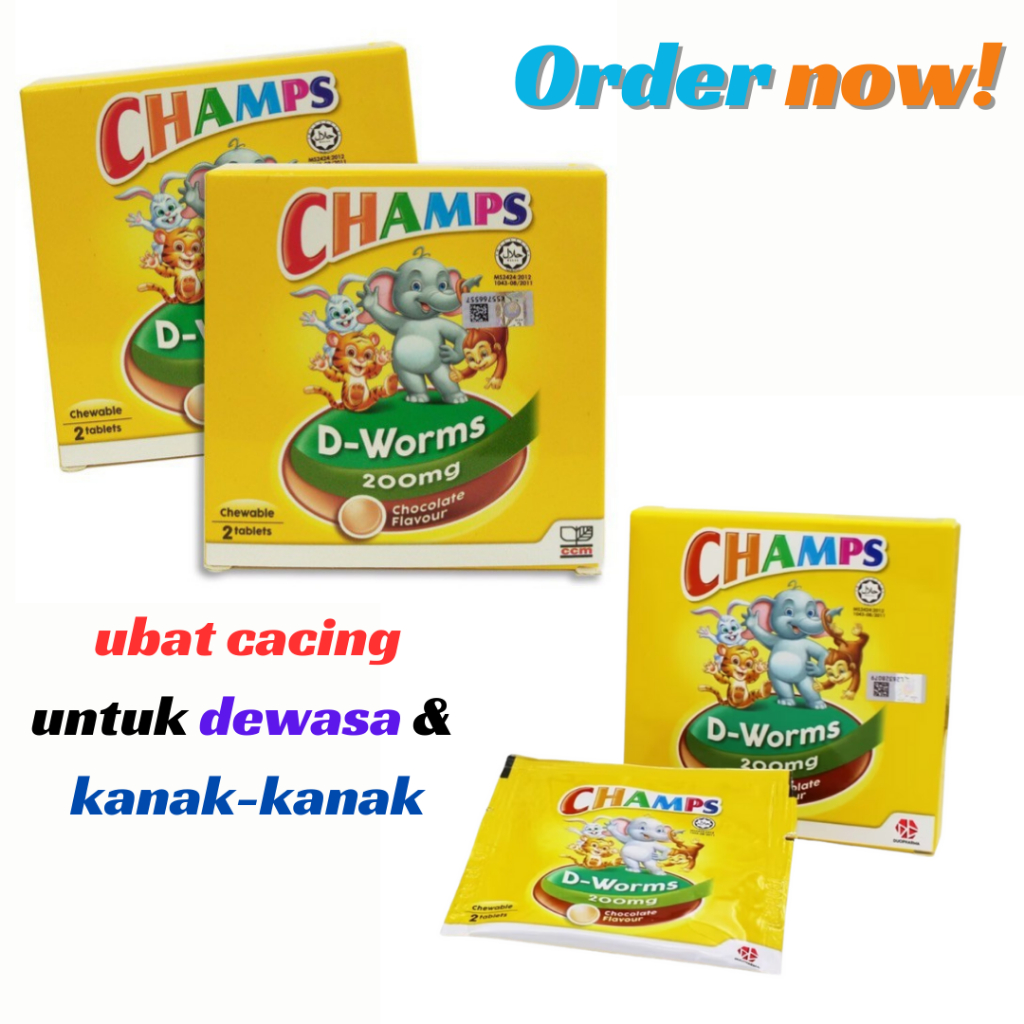 Ubat Cacing CHAMPS D-Worms 200mg Chocolate flavor (2's tablet) | Shopee ...