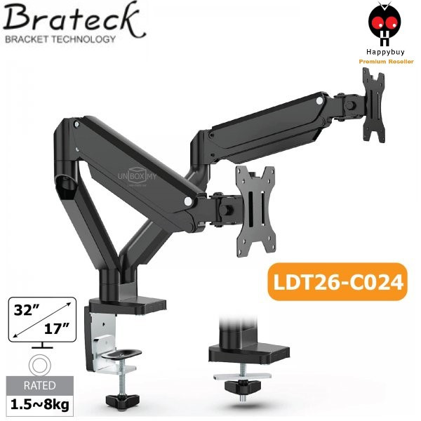 Brateck Bracket 17"-32" Dual Monitor Aluminum Gas Spring Arm Up To 8kg / Monitor Arm (LDT26-C024 ...