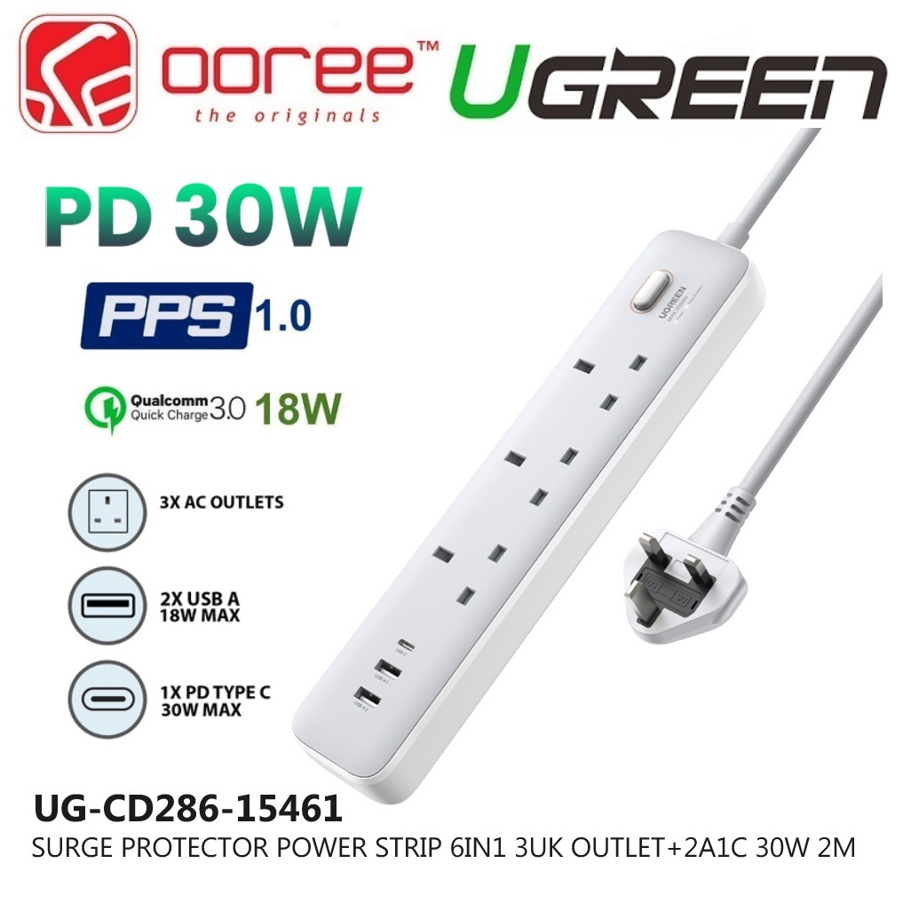 UGREEN UG-CD286-15461 30W POWER STRIP 6 IN 1 CHARGER DIGINEST CUBE GAN EXTENSION LEAD 1USB C + 2 ...