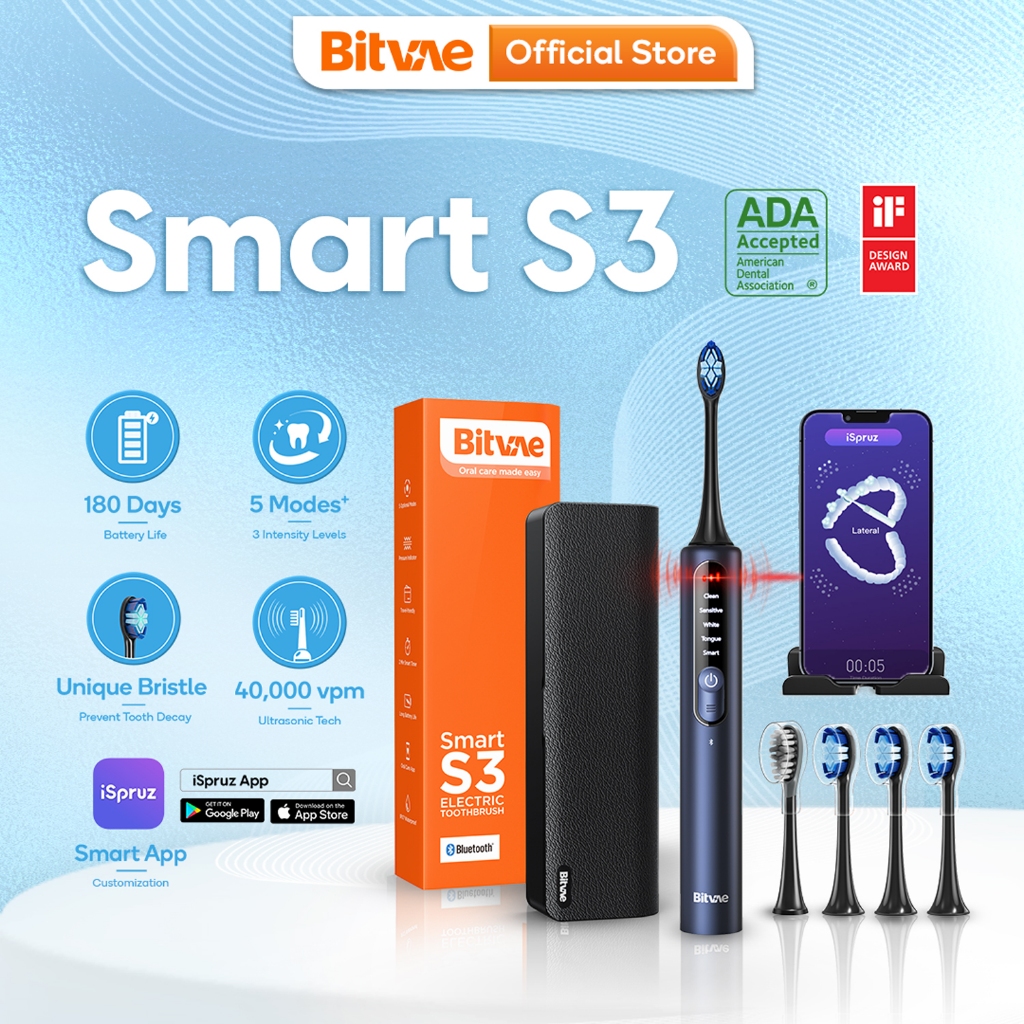 Bitvae Smart S3 Sonic Electric Toothbrush with Travel Case and Interactive Smart App (4 Heads ...