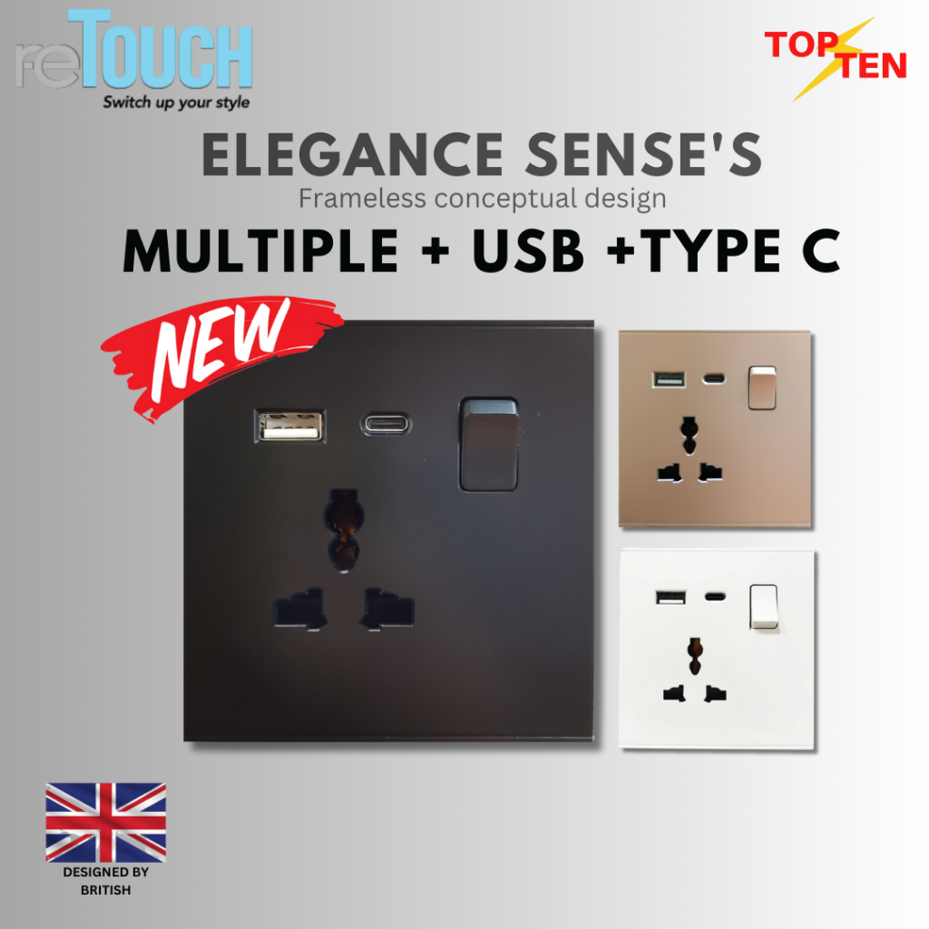 Retouch Elegance Sense Universal Multiple Switch Socket With USB TYPE C ...