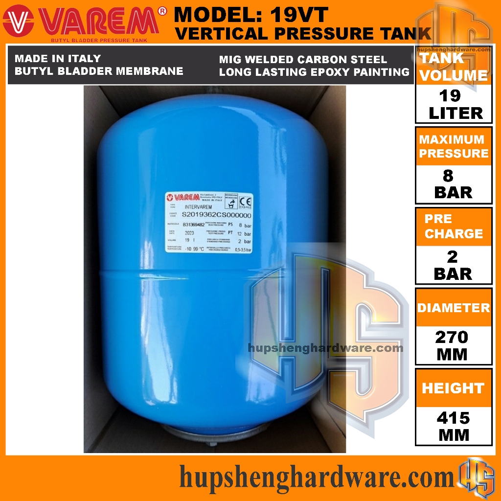 VAREM 19VT Pressure Tank Butyl Bladder Pressure Tank, Capacity 19L Max ...