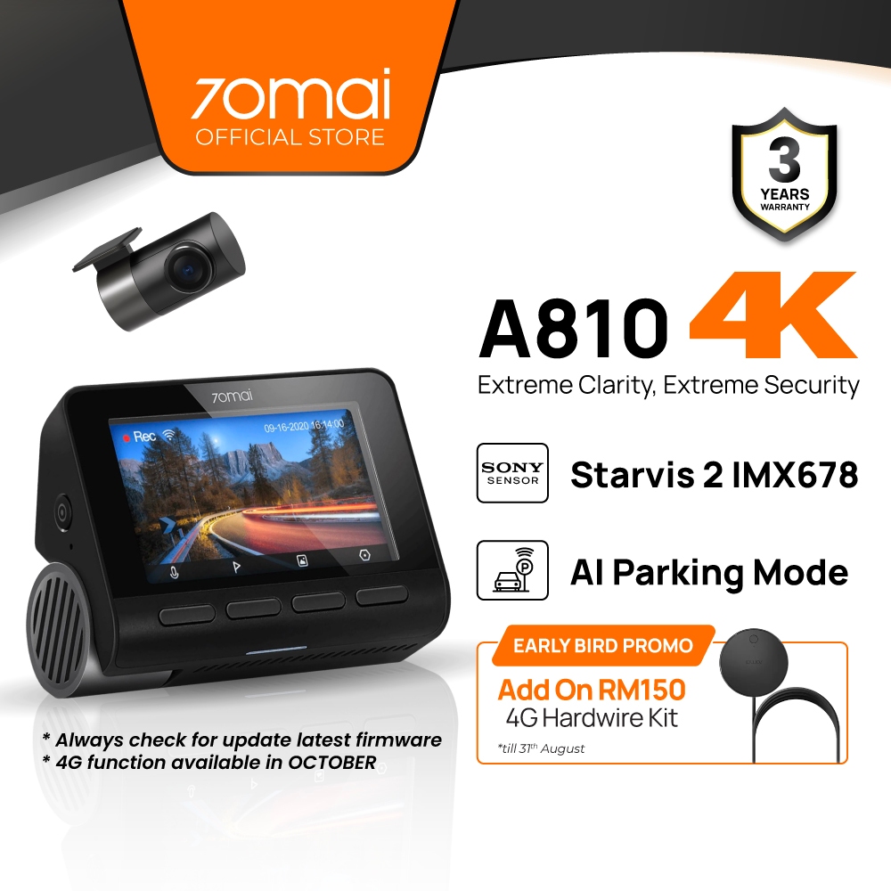 70mai A810 4K Dash Cam Dual Vision Car Recorder with GPS ADAS, Sony Starvis 2 IMX678 Dual ...
