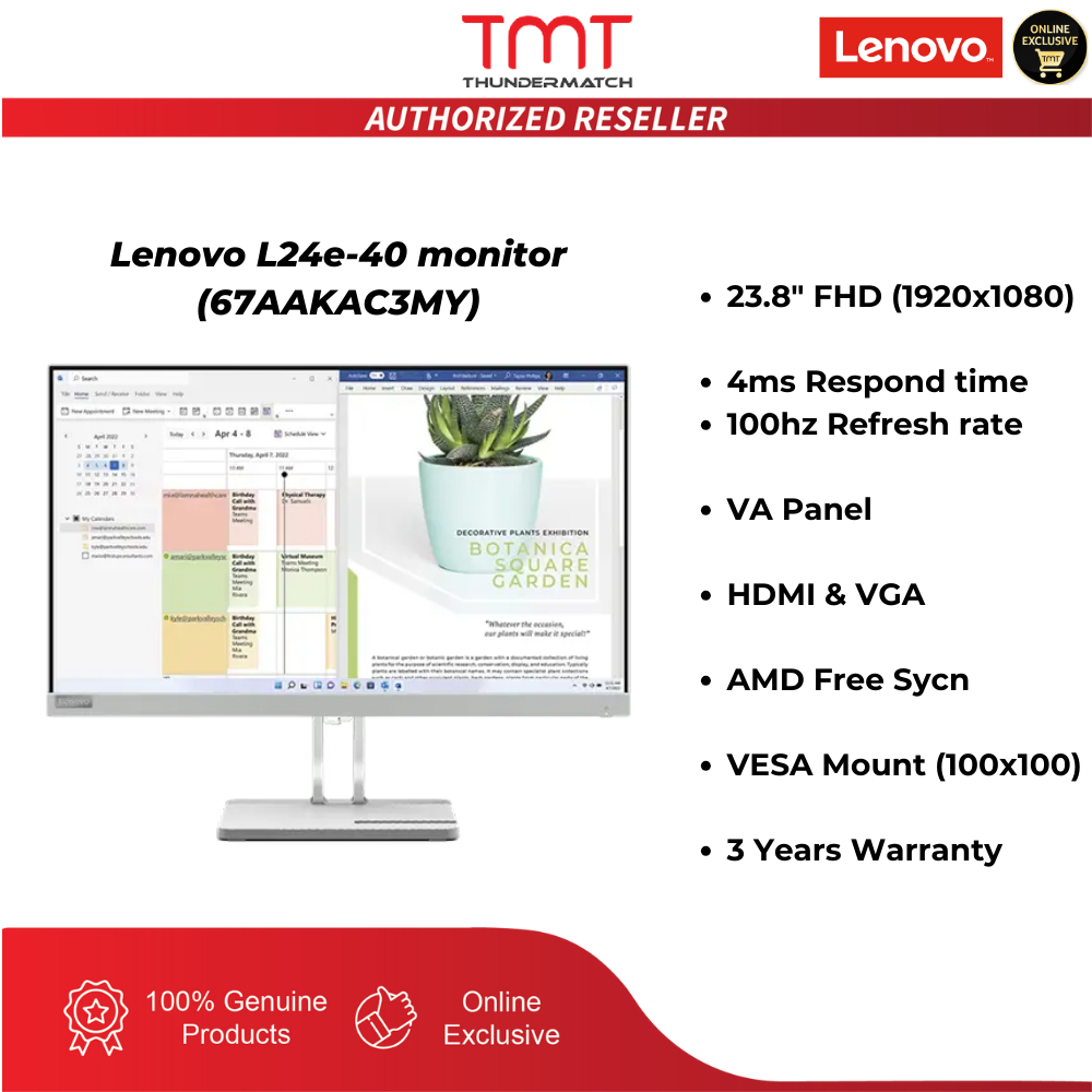 Lenovo L24e-40 Monitor (67AAKAC3MY) (Cloud Grey) | 23.8" | 4ms | 100Hz ...