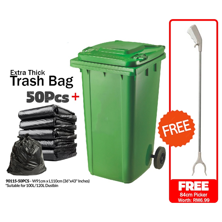 100L Outdoor Trash Bin Tong Sampah Bertutup Besar Hijau Large Mobile ...