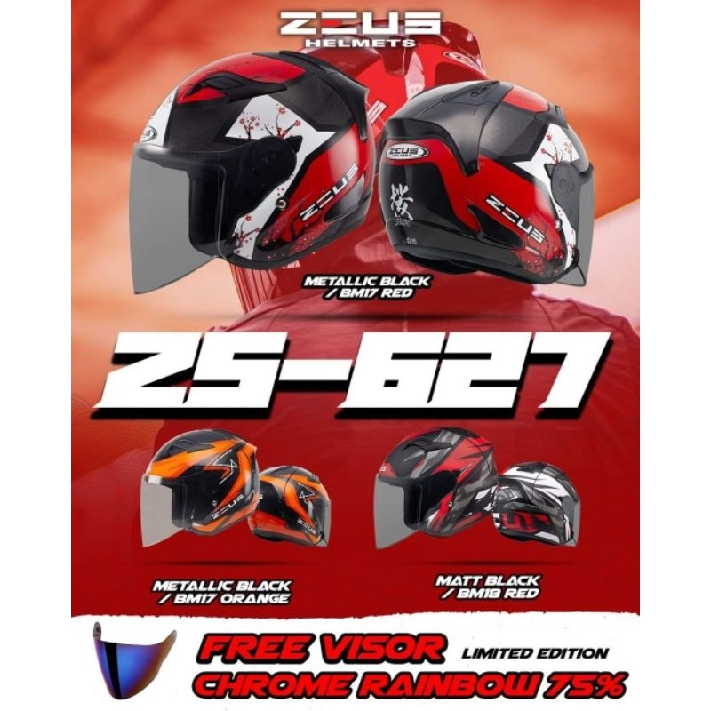 Zeus Helmets ZS-627 627 Open Face helmet free Visor | Shopee Malaysia