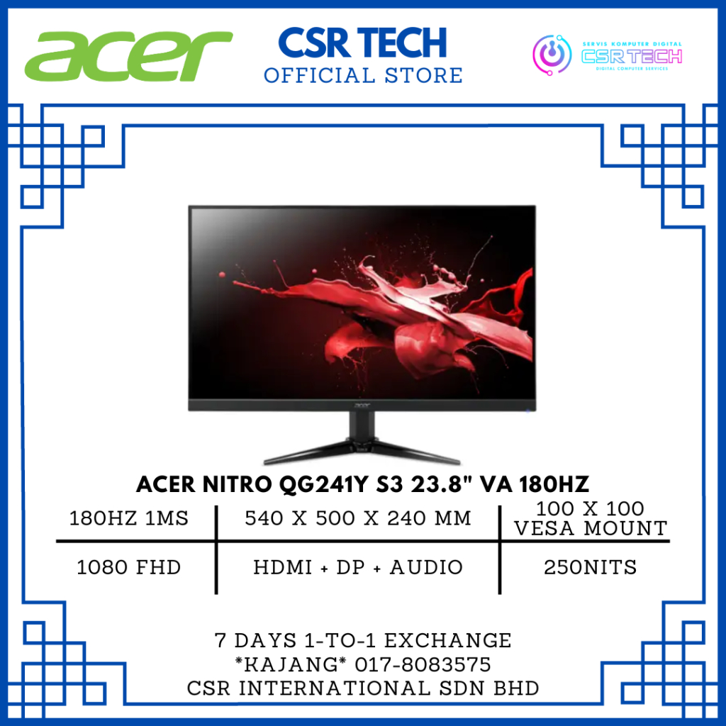 [CSR TECH] ACER NITRO QG241Y S3 23.8" 180HZ 1MS VA 1920 X 1080 FHD ...