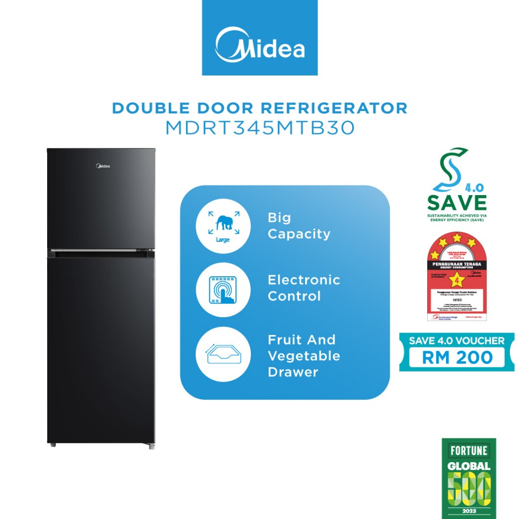 Midea MDRT345MTB30 Gross 280L 2 Doors Refrigerator / Fridge / Peti ...
