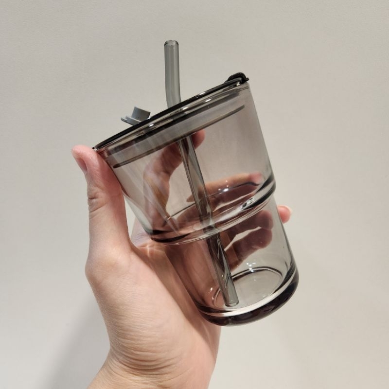 🥤Slub glass cup with straw lid grey color 竹节玻璃杯 (no cover) | Shopee ...