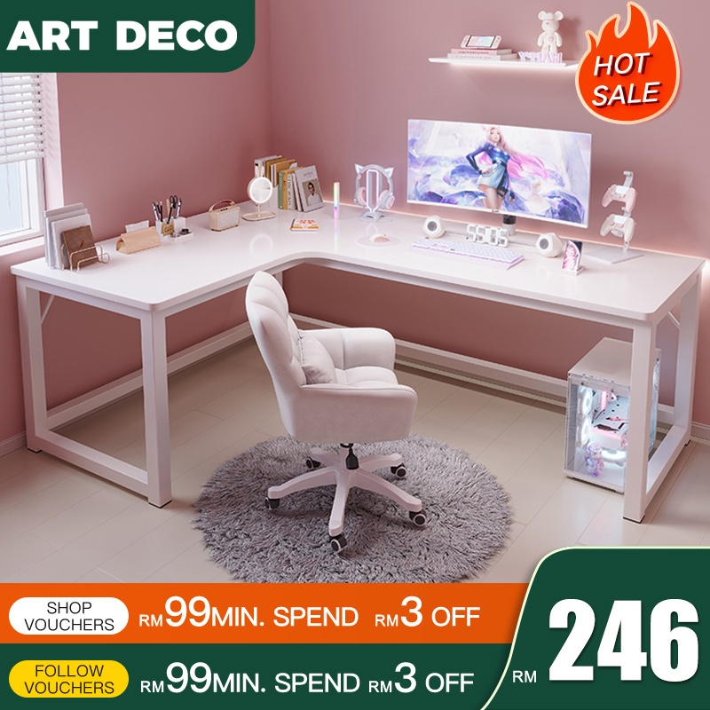 L Shape Gaming Table Corner Desk White Computer Table Meja Komputer ...