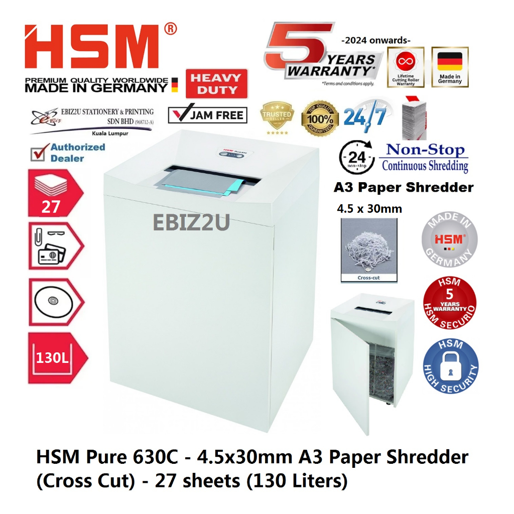 HSM Pure 630C - 4.5x30mm A3 Paper Shredder (Cross Cut) - 27 sheets (130 ...