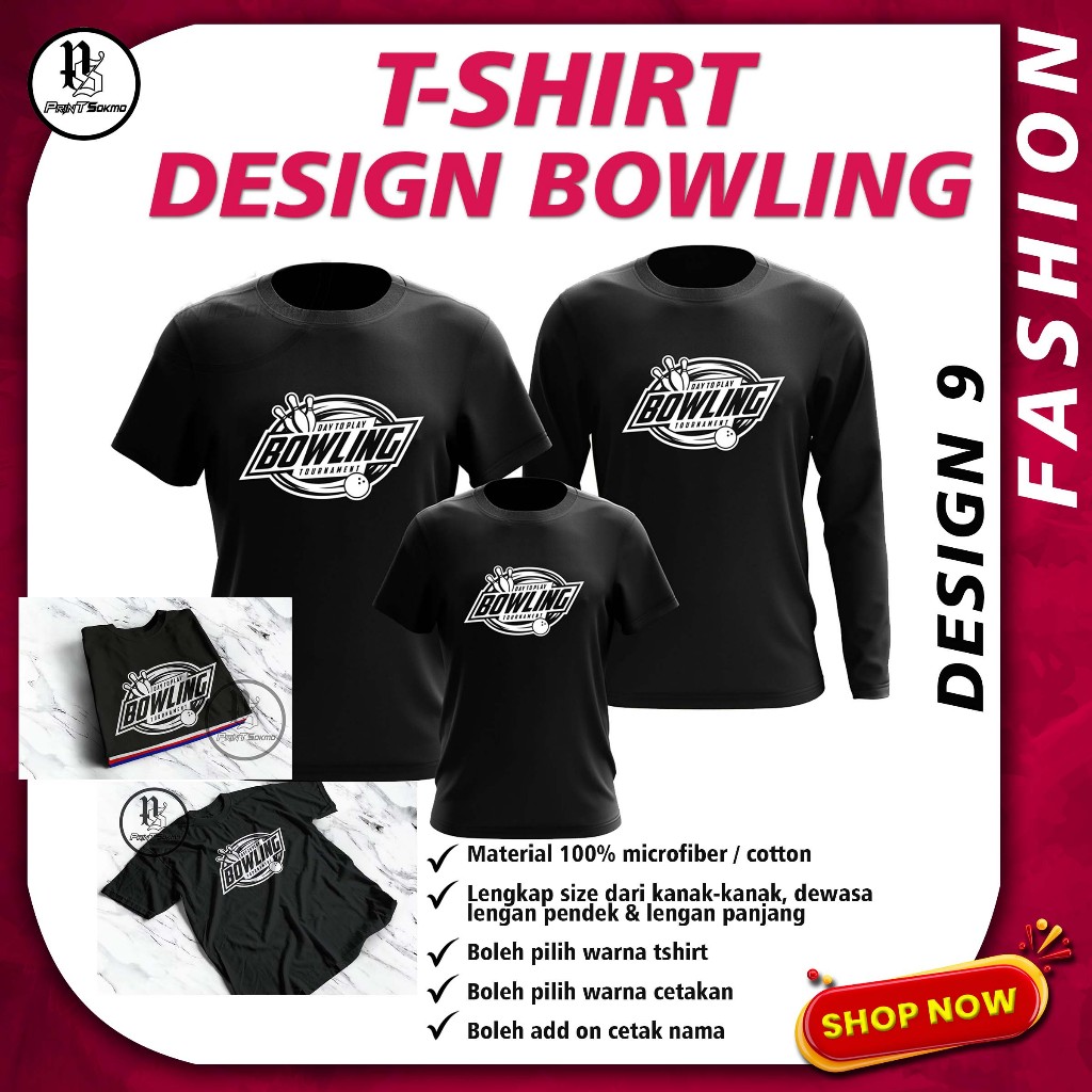 [TB09] Bowling Tshirt Design Printing Microfiber Cotton Kids Dewasa Lengan Pendek Panjang Plus ...
