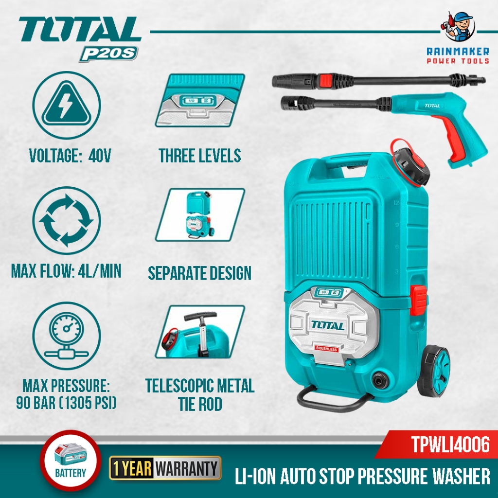 TOTAL Li-ion Cordless Portable Auto stop pressure washer / Water jet ...