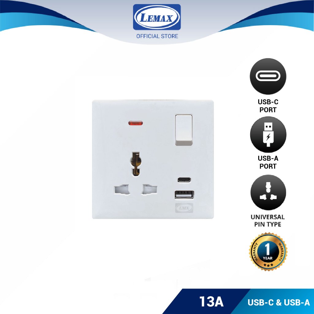 LMX 13A USB-A & USB-C Multi Switch Socket Wall Socket 2 x USB Socket ...