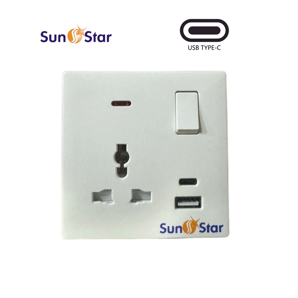 Sunstar 13A Switch Socket Wall Power Universal Socket Type-C + Usb Fast ...