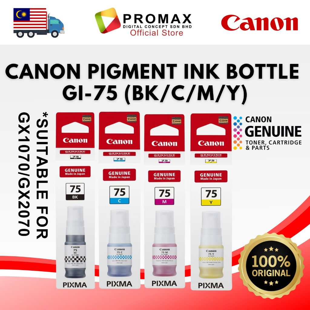 CANON ORIGINAL GI-75 PIGMENT INK BOTTLE (BK/C/M/Y) FOR GX1070 GX2070 GI ...