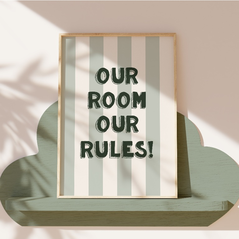 Our Room Our Rules Poster with frame in Sage Green theme (Nursery ...