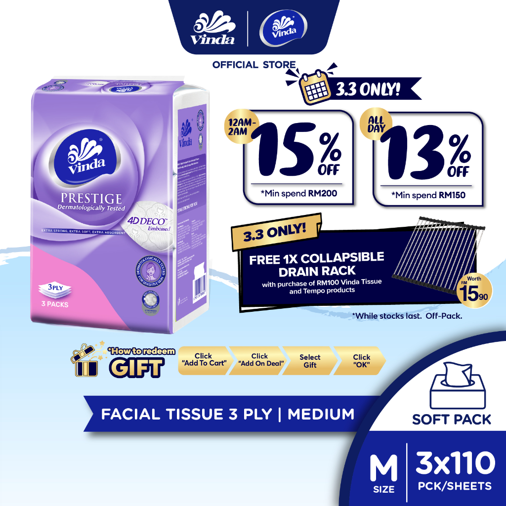 Vinda Prestige 4D Deco Embossed Facial Tissue (3 x 110s) | Shopee Malaysia