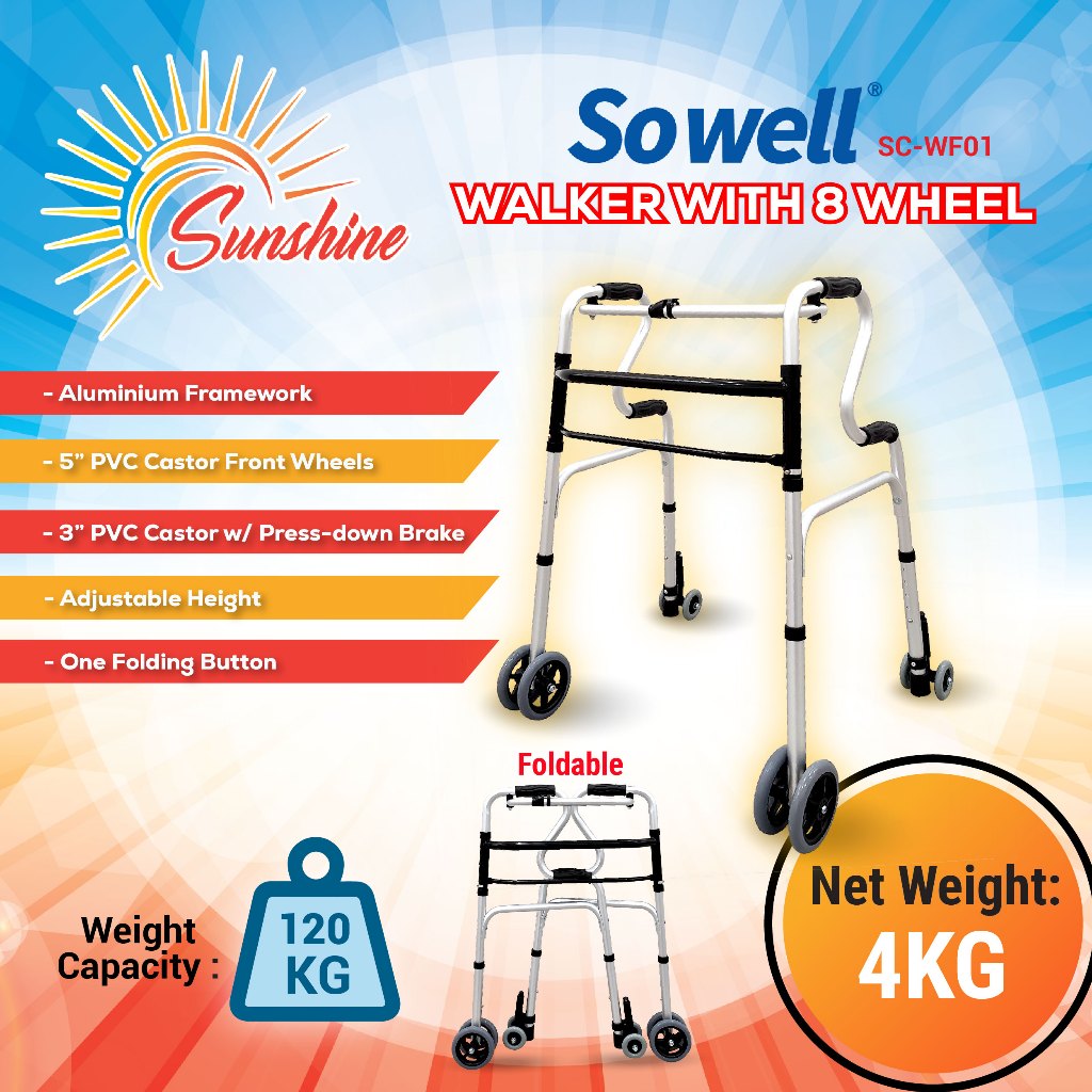 Sowell Aluminium Walker with Seat / 8 Wheels | Foldable, Adjustable ...