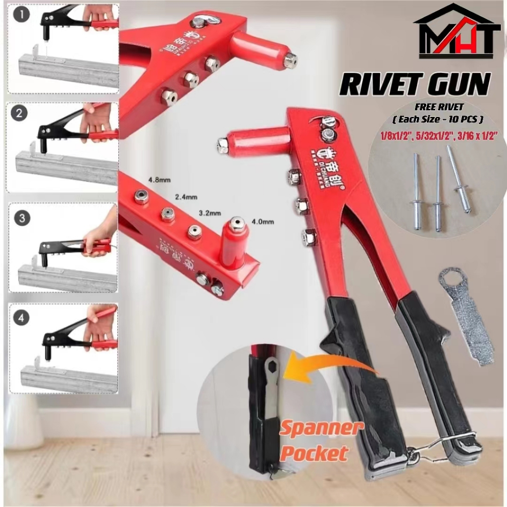 Rivet Gun Heavy Duty Durable Single Hand Riveter Tool (FREE RIVET-Each ...