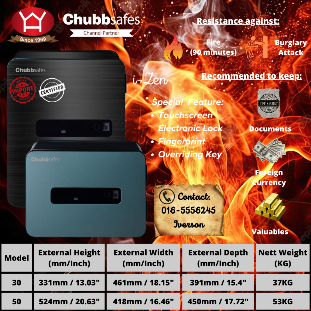 Chubb Chubbsafes i-Zen 30 Fingerprint Touchscreen Lock (37KG) Safebox Safety Box Security Safe ...