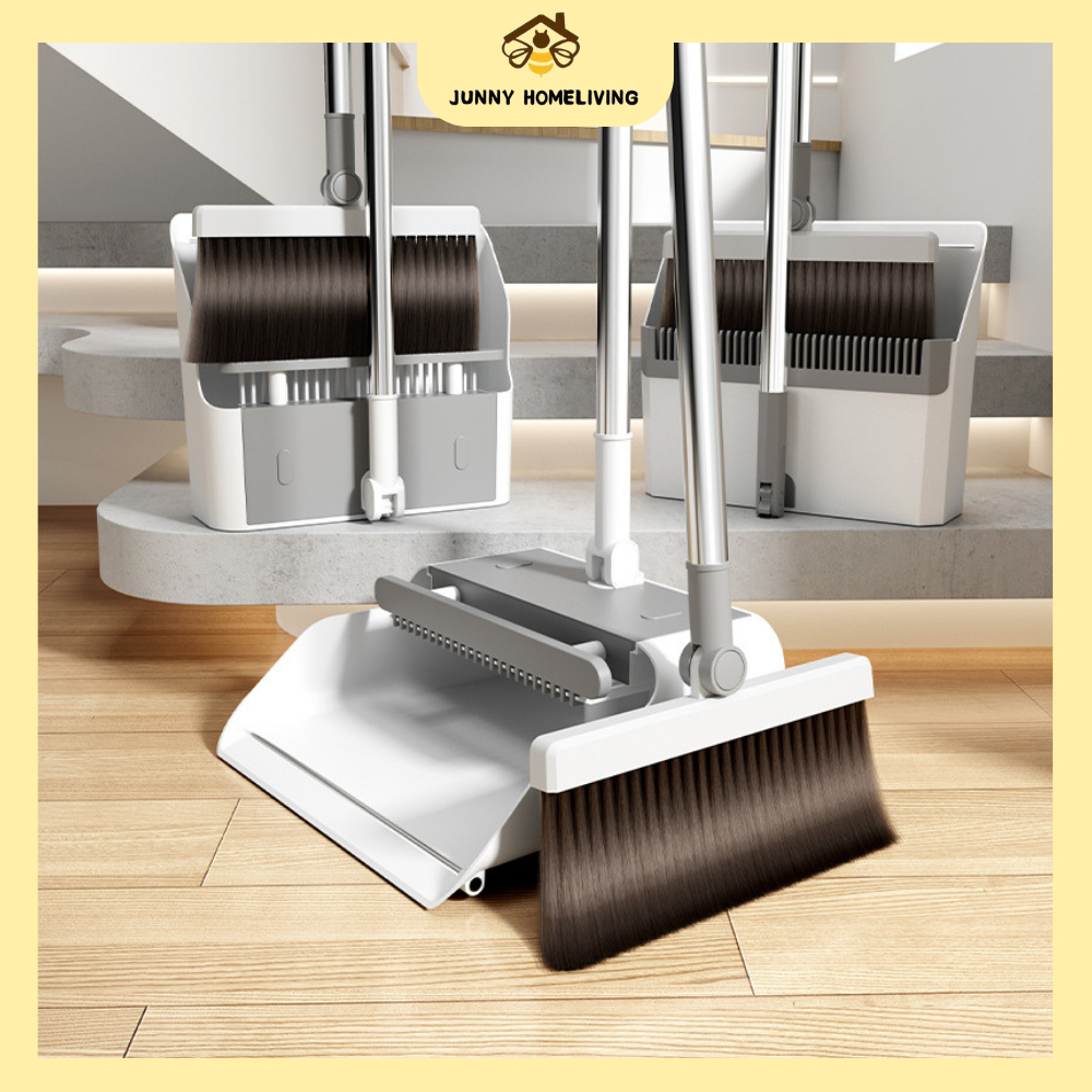 Household collapsible broom and dustpan set with rotating long soft ...