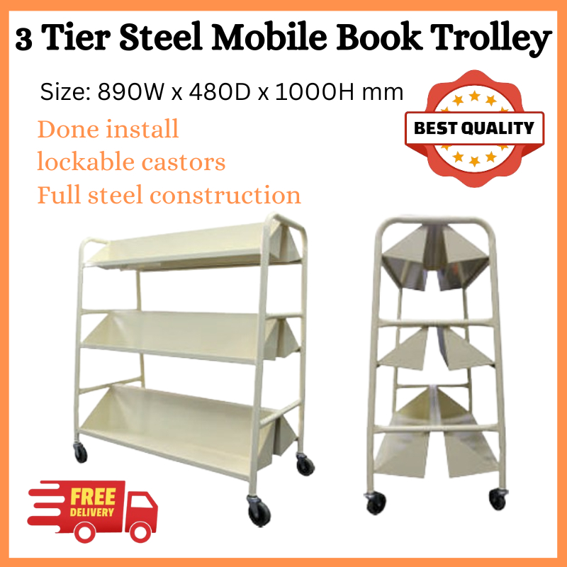 3 Tier Steel Mobile Book Trolley | Heavy Duty Book Trolley | Rak Buku ...